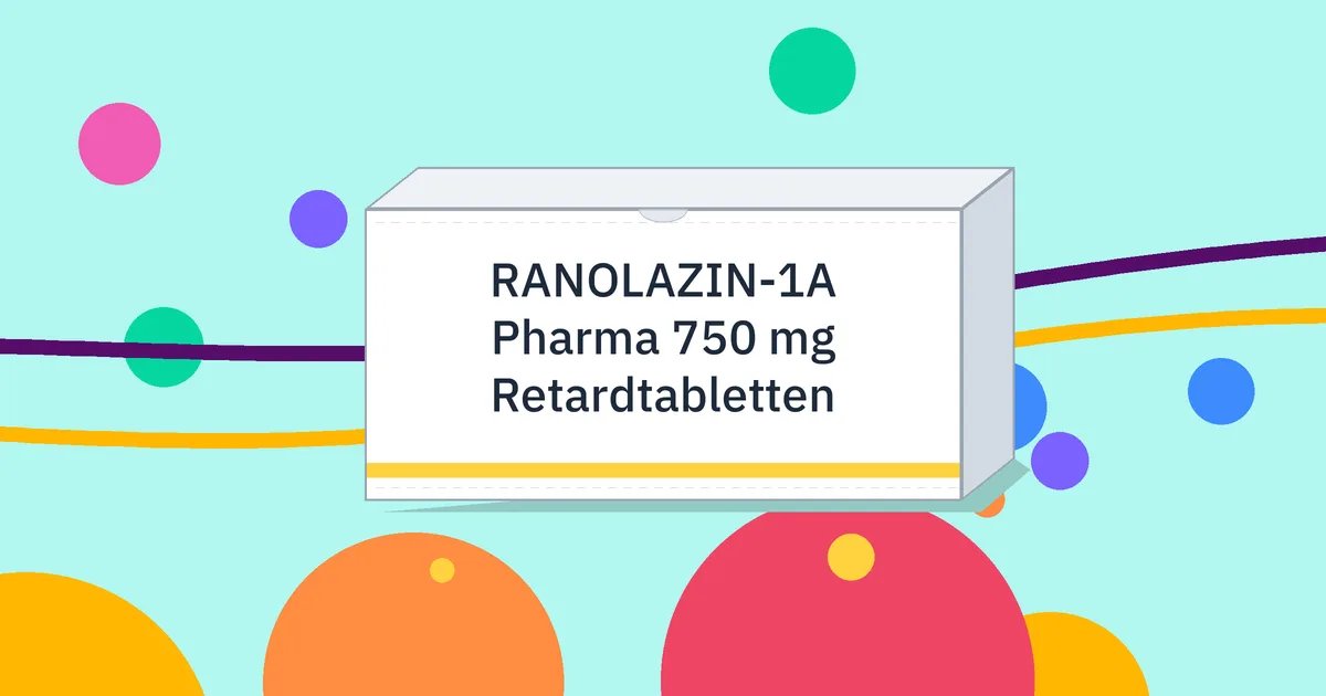 Symbolbild: Packung mit der Aufschrift RANOLAZIN-1A Pharma 750 mg Retardtabletten (PZN 19375091) – Verfügbarkeit und Bezug in Apotheken in Frankfurt am Main