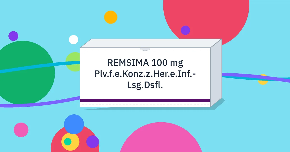 Symbolbild: Packung mit der Aufschrift REMSIMA 100 mg Plv.f.e.Konz.z.Her.e.Inf.-Lsg.Dsfl. (PZN 18497142) – Verfügbarkeit und Bezug in Apotheken in Frankfurt am Main