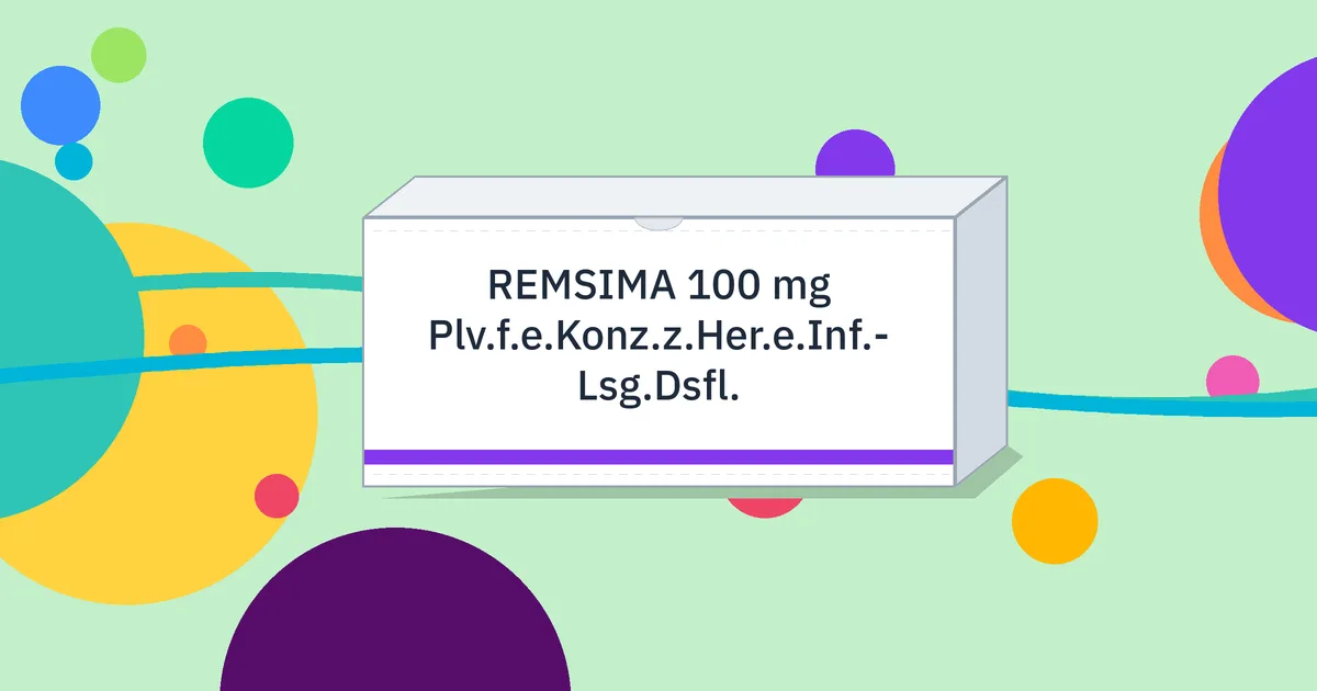 Symbolbild: Packung mit der Aufschrift REMSIMA 100 mg Plv.f.e.Konz.z.Her.e.Inf.-Lsg.Dsfl. (PZN 20418345) – Verfügbarkeit und Bezug in Apotheken in Frankfurt am Main