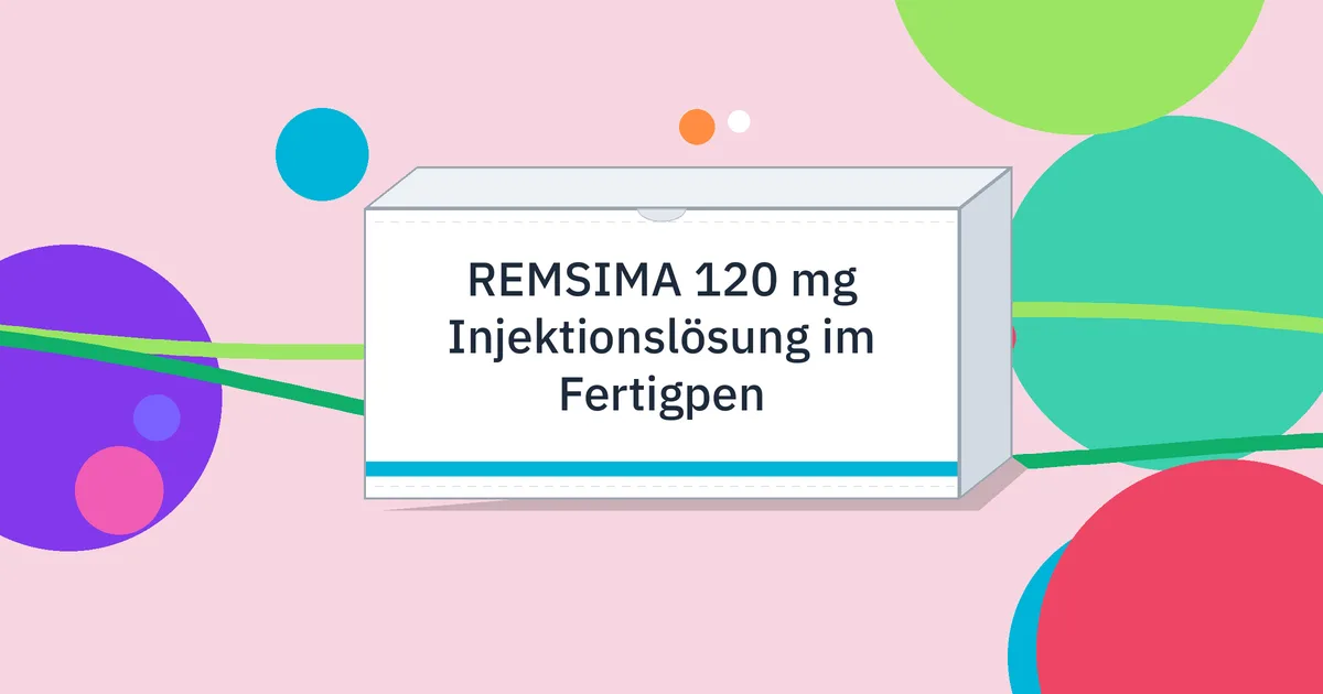 Symbolbild: Packung mit der Aufschrift REMSIMA 120 mg Injektionslösung im Fertigpen (PZN 18497107) – Verfügbarkeit und Bezug in Apotheken in Frankfurt am Main