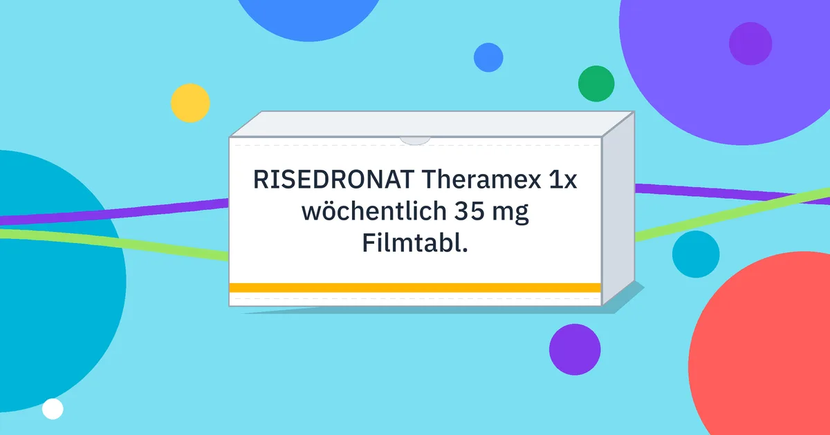 Symbolbild: Packung mit der Aufschrift RISEDRONAT Theramex 1x wöchentlich 35 mg Filmtabl. (PZN 18116996) – Verfügbarkeit und Bezug in Apotheken in Frankfurt am Main