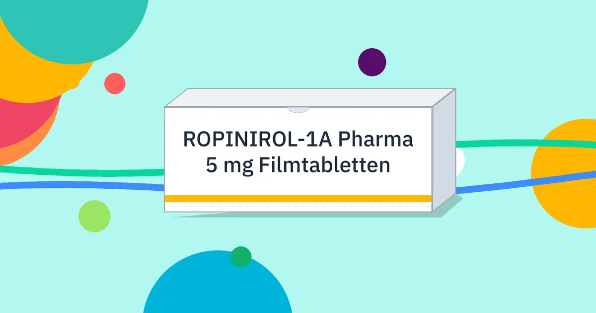 Symbolbild: Packung mit der Aufschrift ROPINIROL-1A Pharma 5 mg Filmtabletten (PZN 09062497) – Verfügbarkeit und Bezug in Apotheken in Frankfurt am Main