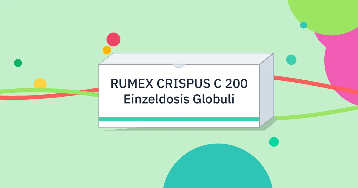 Symbolbild: Packung mit der Aufschrift RUMEX CRISPUS C 200 Einzeldosis Globuli (PZN 01543079) – Verfügbarkeit und Bezug in Apotheken in Frankfurt am Main