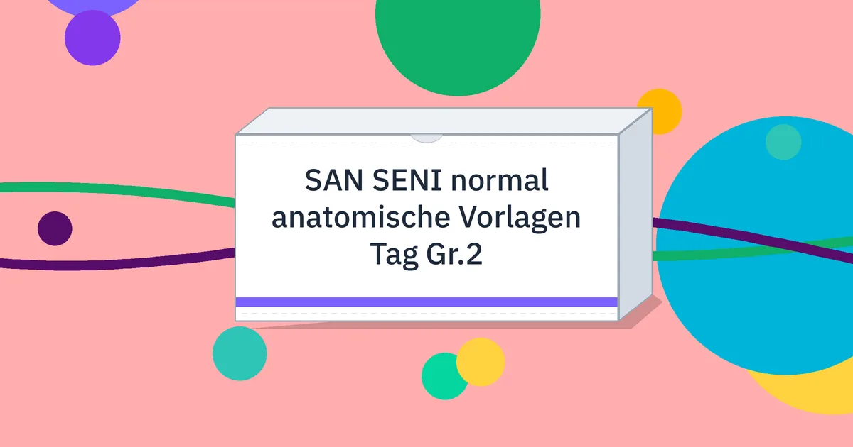 Symbolbild: Packung mit der Aufschrift SAN SENI normal anatomische Vorlagen Tag Gr.2 (PZN 16327737) – Verfügbarkeit und Bezug in Apotheken in Frankfurt am Main