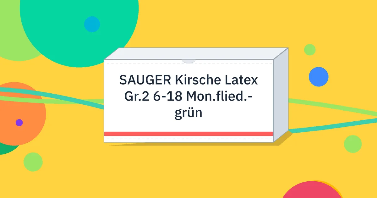 Symbolbild: Packung mit der Aufschrift SAUGER Kirsche Latex Gr.2 6-18 Mon.flied.-grün (PZN 03045960) – Verfügbarkeit und Bezug in Apotheken in Frankfurt am Main
