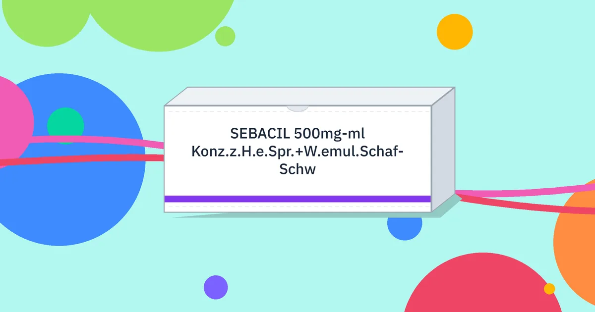 Symbolbild: Packung mit der Aufschrift SEBACIL 500mg-ml Konz.z.H.e.Spr.+W.emul.Schaf-Schw (PZN 09461197) – Verfügbarkeit und Bezug in Apotheken in Frankfurt am Main