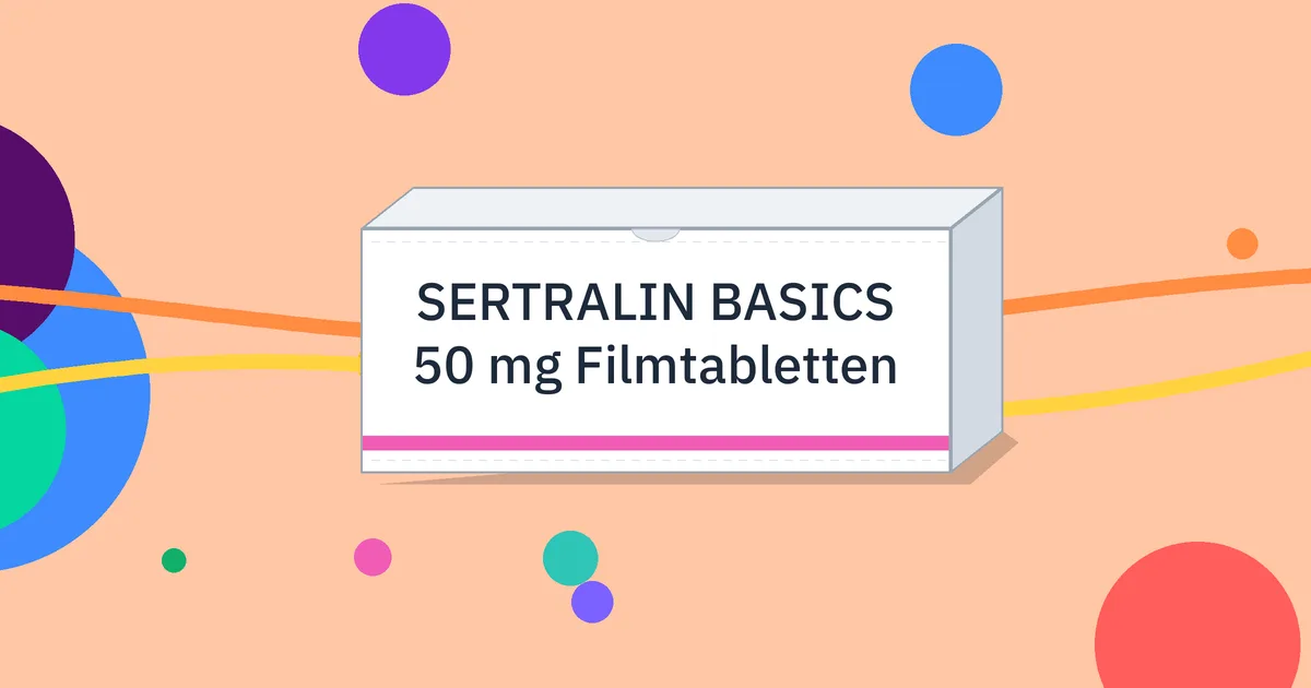 Symbolbild: Packung mit der Aufschrift SERTRALIN BASICS 50 mg Filmtabletten (PZN 12529243) – Verfügbarkeit und Bezug in Apotheken in Frankfurt am Main