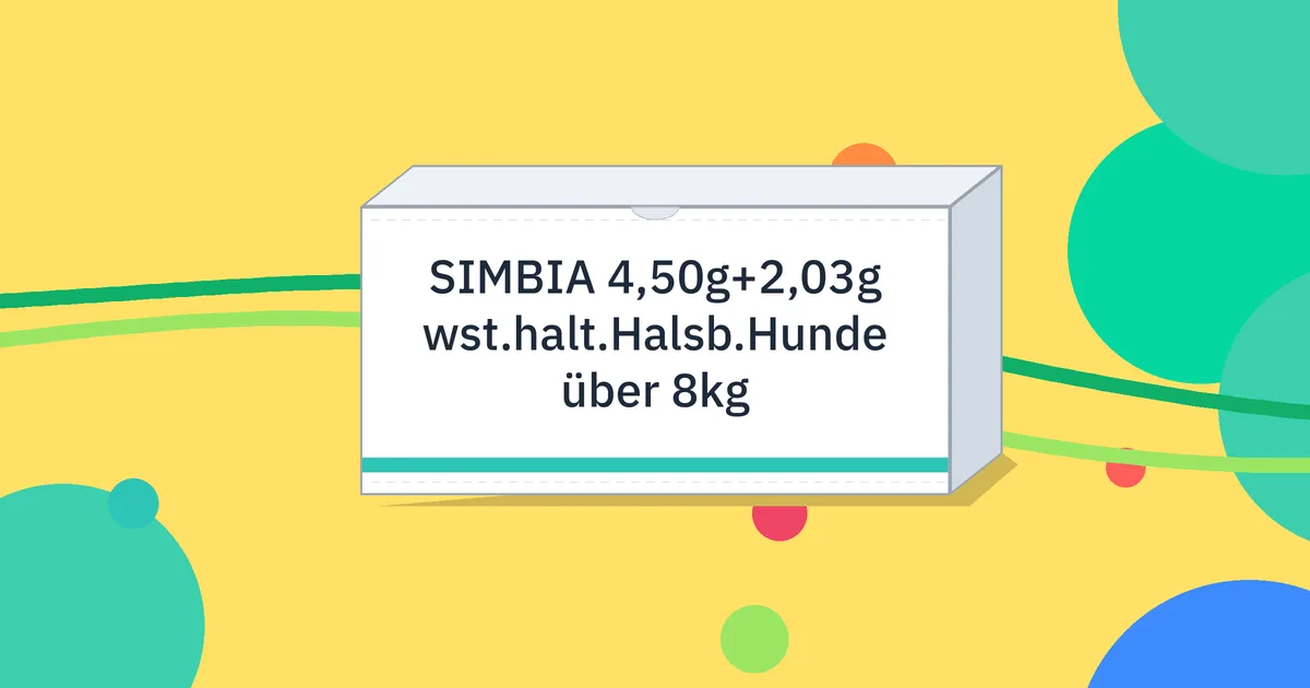 Symbolbild: Packung mit der Aufschrift SIMBIA 4,50g+2,03g wst.halt.Halsb.Hunde über 8kg (PZN 20640977) – Verfügbarkeit und Bezug in Apotheken in Frankfurt am Main