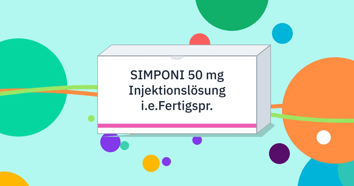 Symbolbild: Packung mit der Aufschrift SIMPONI 50 mg Injektionslösung i.e.Fertigspr. (PZN 16684609) – Verfügbarkeit und Bezug in Apotheken in Frankfurt am Main