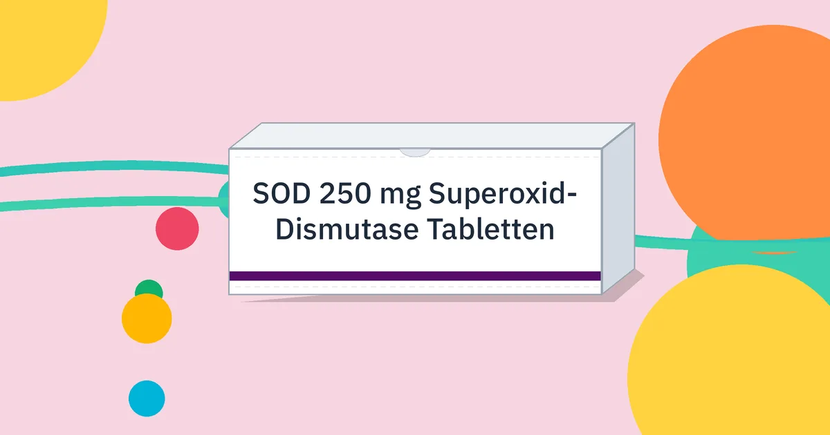 Symbolbild: Packung mit der Aufschrift SOD 250 mg Superoxid-Dismutase Tabletten (PZN 10296527) – Verfügbarkeit und Bezug in Apotheken in Frankfurt am Main