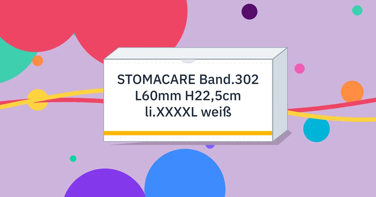 Symbolbild: Packung mit der Aufschrift STOMACARE Band.302 L60mm H22,5cm li.XXXXL weiß (PZN 06431965) – Verfügbarkeit und Bezug in Apotheken in Frankfurt am Main