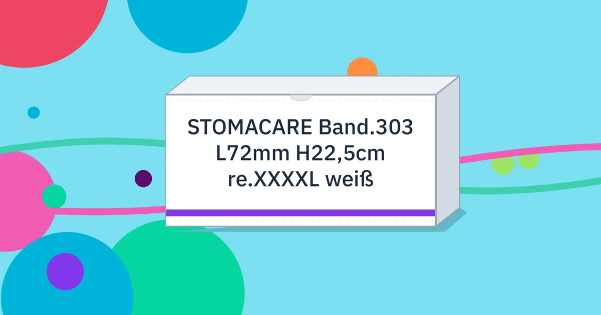 Symbolbild: Packung mit der Aufschrift STOMACARE Band.303 L72mm H22,5cm re.XXXXL weiß (PZN 06431994) – Verfügbarkeit und Bezug in Apotheken in Frankfurt am Main