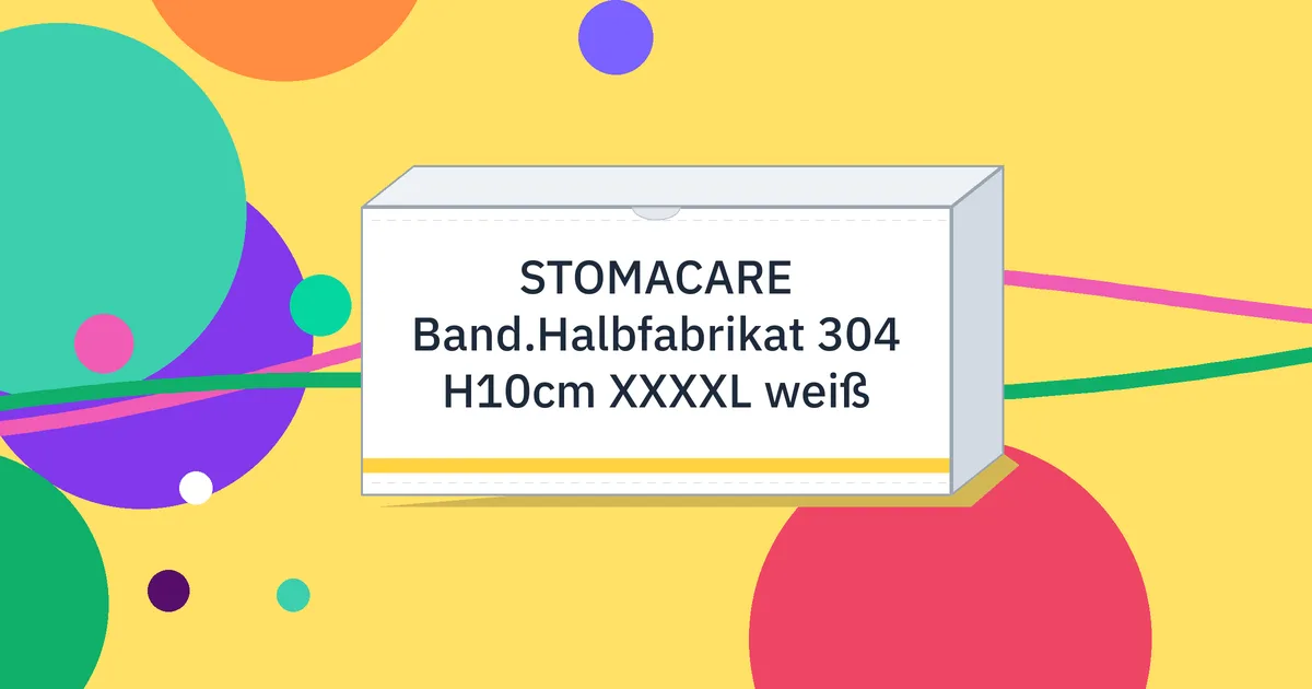 Symbolbild: Packung mit der Aufschrift STOMACARE Band.Halbfabrikat 304 H10cm XXXXL weiß (PZN 06432025) – Verfügbarkeit und Bezug in Apotheken in Frankfurt am Main