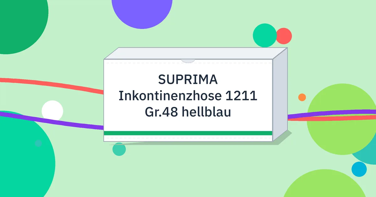 Symbolbild: Packung mit der Aufschrift SUPRIMA Inkontinenzhose 1211 Gr.48 hellblau (PZN 03024113) – Verfügbarkeit und Bezug in Apotheken in Frankfurt am Main