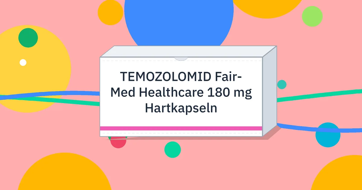 Symbolbild: Packung mit der Aufschrift TEMOZOLOMID Fair-Med Healthcare 180 mg Hartkapseln (PZN 14168045) – Verfügbarkeit und Bezug in Apotheken in Frankfurt am Main
