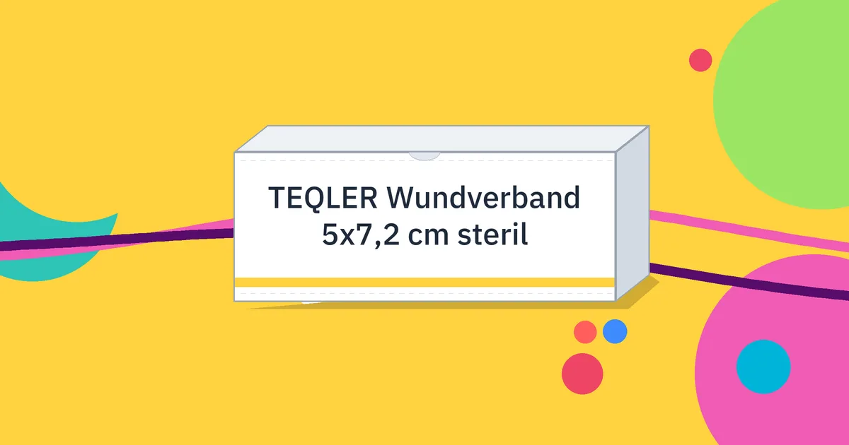 Symbolbild: Packung mit der Aufschrift TEQLER Wundverband 5x7,2 cm steril (PZN 17453740) – Verfügbarkeit und Bezug in Apotheken in Frankfurt am Main