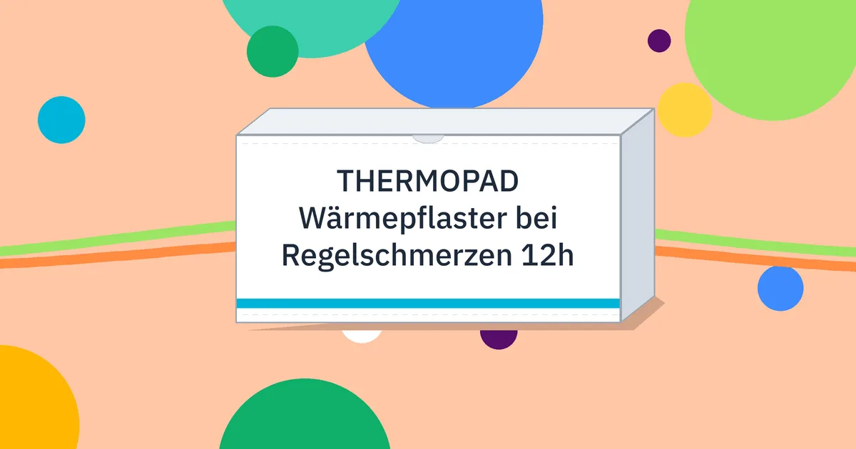 Symbolbild: Packung mit der Aufschrift THERMOPAD Wärmepflaster bei Regelschmerzen 12h (PZN 20288931) – Verfügbarkeit und Bezug in Apotheken in Frankfurt am Main