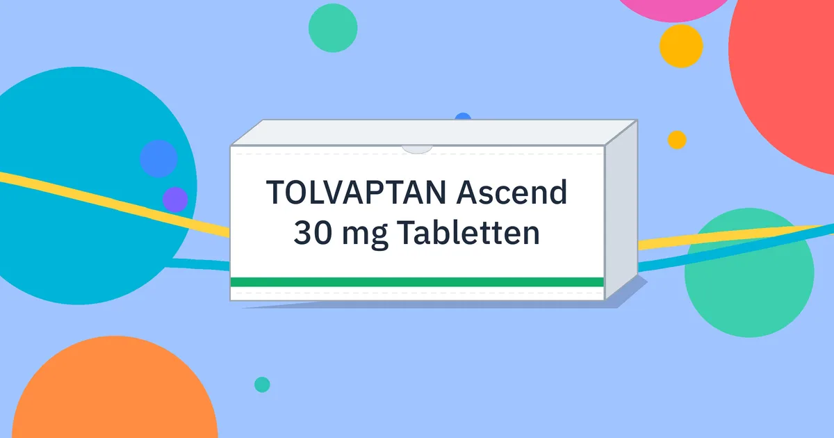 Symbolbild: Packung mit der Aufschrift TOLVAPTAN Ascend 30 mg Tabletten (PZN 18325576) – Verfügbarkeit und Bezug in Apotheken in Frankfurt am Main