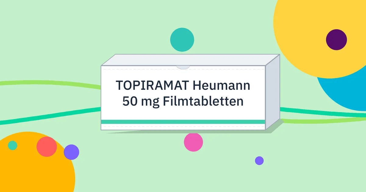 Symbolbild: Packung mit der Aufschrift TOPIRAMAT Heumann 50 mg Filmtabletten (PZN 03327776) – Verfügbarkeit und Bezug in Apotheken in Frankfurt am Main