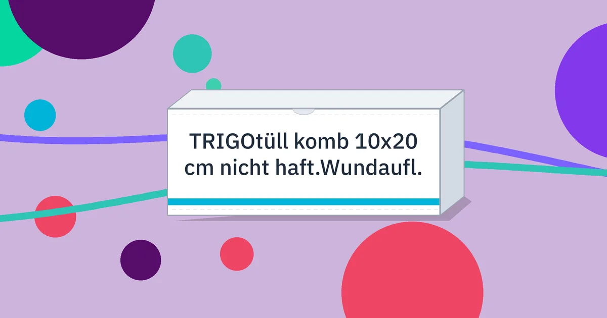 Symbolbild: Packung mit der Aufschrift TRIGOtüll komb 10x20 cm nicht haft.Wundaufl. (PZN 20043649) – Verfügbarkeit und Bezug in Apotheken in Frankfurt am Main