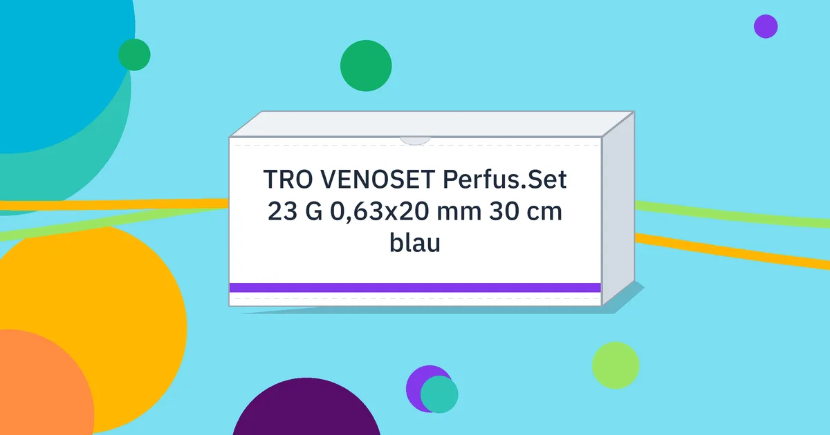 Symbolbild: Packung mit der Aufschrift TRO VENOSET Perfus.Set 23 G 0,63x20 mm 30 cm blau (PZN 12365764) – Verfügbarkeit und Bezug in Apotheken in Frankfurt am Main
