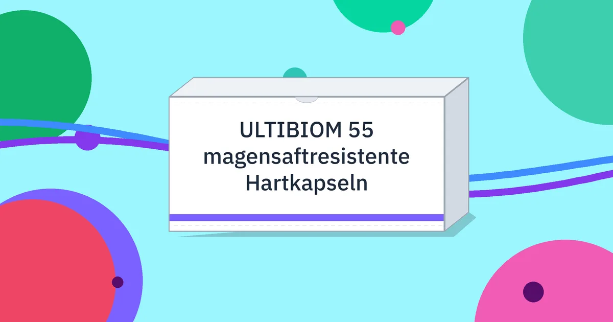 Symbolbild: Packung mit der Aufschrift ULTIBIOM 55 magensaftresistente Hartkapseln (PZN 20796768) – Verfügbarkeit und Bezug in Apotheken in Frankfurt am Main
