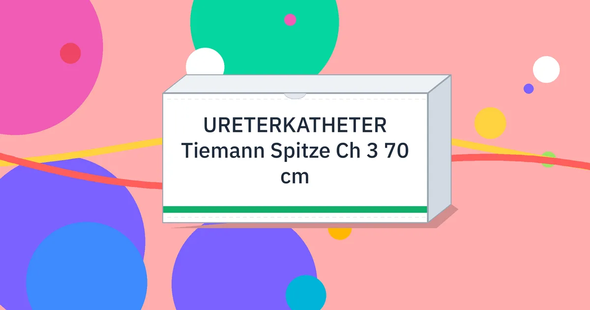 Symbolbild: Packung mit der Aufschrift URETERKATHETER Tiemann Spitze Ch 3 70 cm (PZN 00446167) – Verfügbarkeit und Bezug in Apotheken in Frankfurt am Main