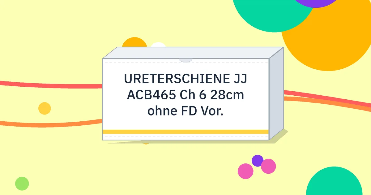 Symbolbild: Packung mit der Aufschrift URETERSCHIENE JJ ACB465 Ch 6 28cm ohne FD Vor. (PZN 00491788) – Verfügbarkeit und Bezug in Apotheken in Frankfurt am Main