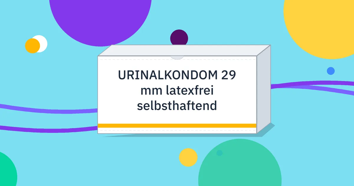 Symbolbild: Packung mit der Aufschrift URINALKONDOM 29 mm latexfrei selbsthaftend (PZN 11351033) – Verfügbarkeit und Bezug in Apotheken in Frankfurt am Main
