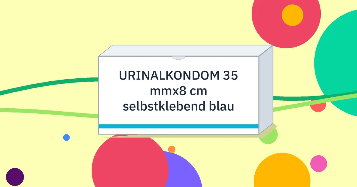 Symbolbild: Packung mit der Aufschrift URINALKONDOM 35 mmx8 cm selbstklebend blau (PZN 09251784) – Verfügbarkeit und Bezug in Apotheken in Frankfurt am Main