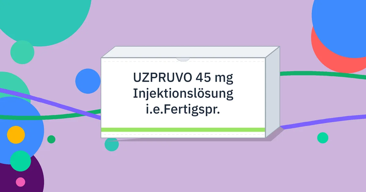 Symbolbild: Packung mit der Aufschrift UZPRUVO 45 mg Injektionslösung i.e.Fertigspr. (PZN 19542057) – Verfügbarkeit und Bezug in Apotheken in Frankfurt am Main