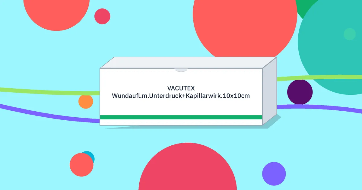 Symbolbild: Packung mit der Aufschrift VACUTEX Wundaufl.m.Unterdruck+Kapillarwirk.10x10cm (PZN 19430186) – Verfügbarkeit und Bezug in Apotheken in Frankfurt am Main