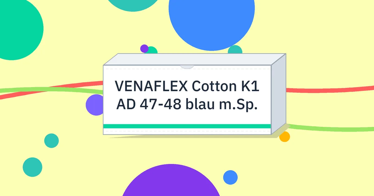 Symbolbild: Packung mit der Aufschrift VENAFLEX Cotton K1 AD 47-48 blau m.Sp. (PZN 18309092) – Verfügbarkeit und Bezug in Apotheken in Frankfurt am Main