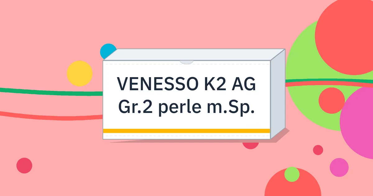 Symbolbild: Packung mit der Aufschrift VENESSO K2 AG Gr.2 perle m.Sp. (PZN 03275418) – Verfügbarkeit und Bezug in Apotheken in Frankfurt am Main