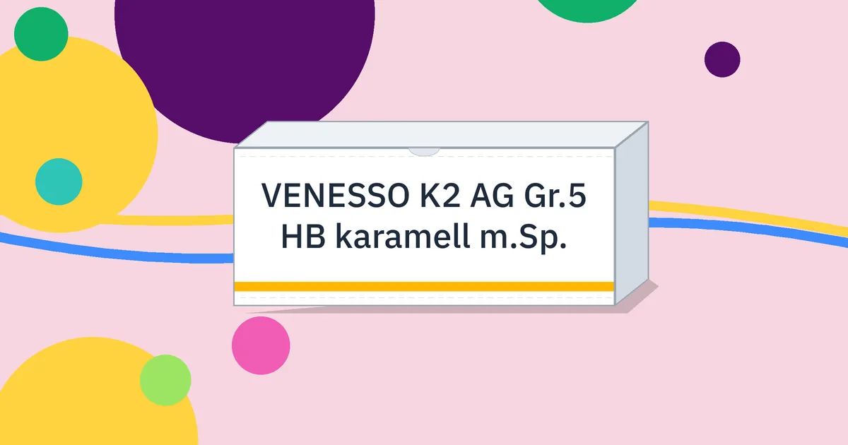 Symbolbild: Packung mit der Aufschrift VENESSO K2 AG Gr.5 HB karamell m.Sp. (PZN 13758247) – Verfügbarkeit und Bezug in Apotheken in Frankfurt am Main
