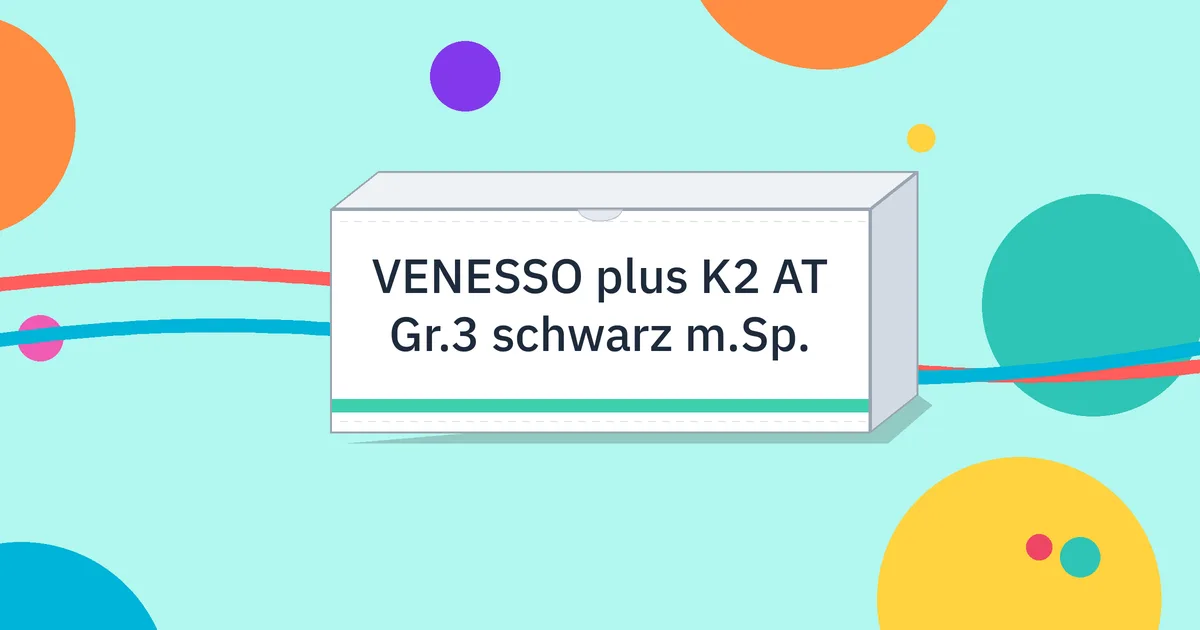 Symbolbild: Packung mit der Aufschrift VENESSO plus K2 AT Gr.3 schwarz m.Sp. (PZN 03287479) – Verfügbarkeit und Bezug in Apotheken in Frankfurt am Main