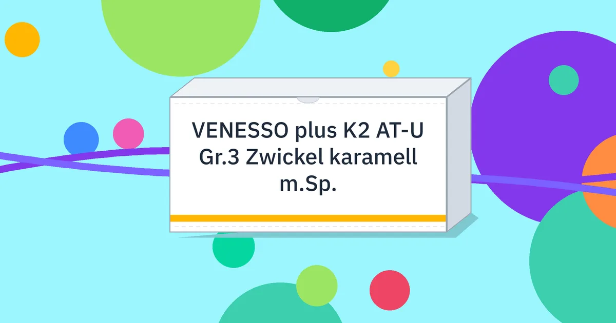 Symbolbild: Packung mit der Aufschrift VENESSO plus K2 AT-U Gr.3 Zwickel karamell m.Sp. (PZN 13759821) – Verfügbarkeit und Bezug in Apotheken in Frankfurt am Main