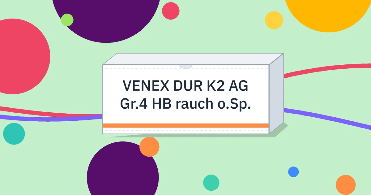 Symbolbild: Packung mit der Aufschrift VENEX DUR K2 AG Gr.4 HB rauch o.Sp. (PZN 03219644) – Verfügbarkeit und Bezug in Apotheken in Frankfurt am Main