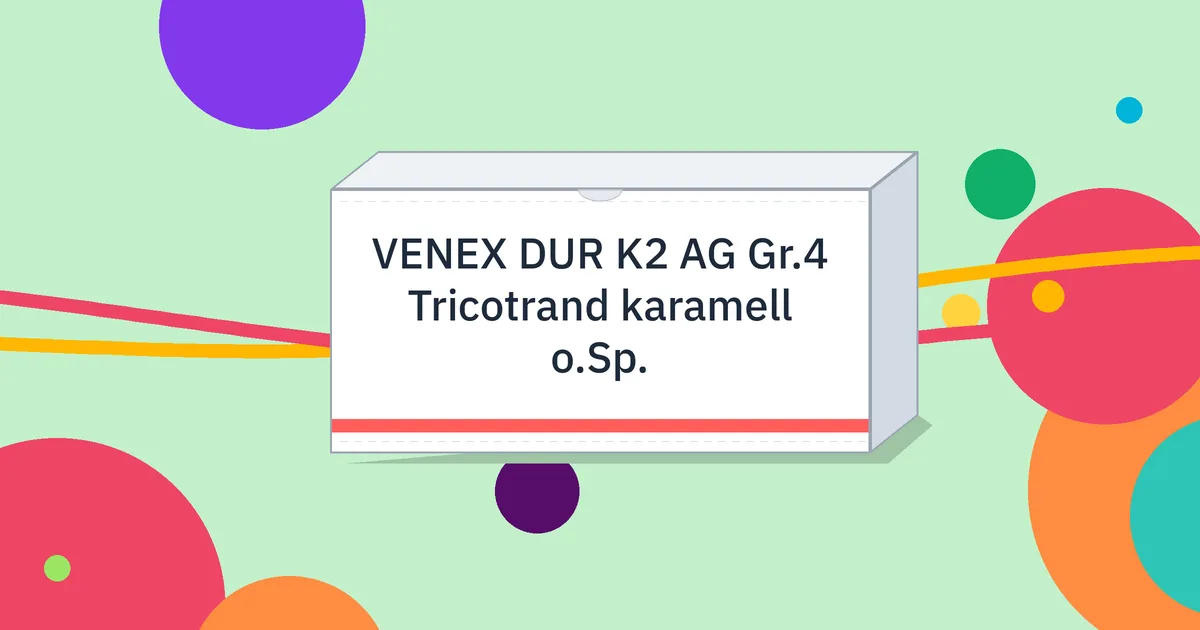Symbolbild: Packung mit der Aufschrift VENEX DUR K2 AG Gr.4 Tricotrand karamell o.Sp. (PZN 13762906) – Verfügbarkeit und Bezug in Apotheken in Frankfurt am Main