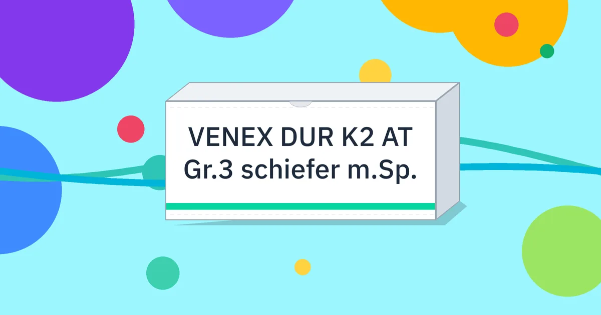 Symbolbild: Packung mit der Aufschrift VENEX DUR K2 AT Gr.3 schiefer m.Sp. (PZN 03222037) – Verfügbarkeit und Bezug in Apotheken in Frankfurt am Main