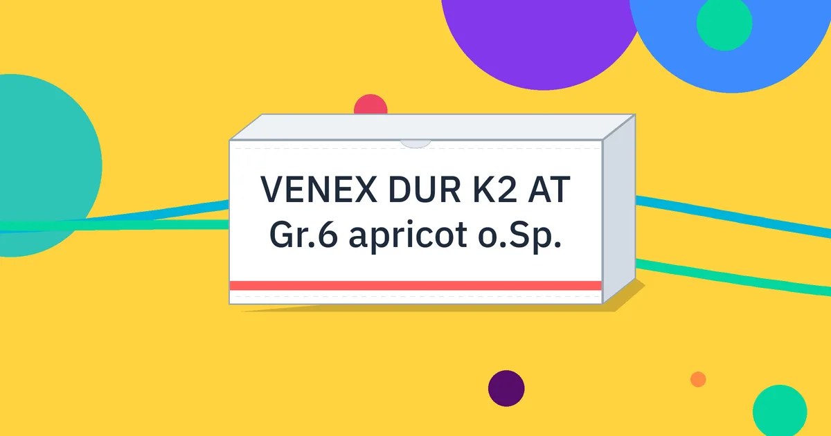 Symbolbild: Packung mit der Aufschrift VENEX DUR K2 AT Gr.6 apricot o.Sp. (PZN 03223580) – Verfügbarkeit und Bezug in Apotheken in Frankfurt am Main