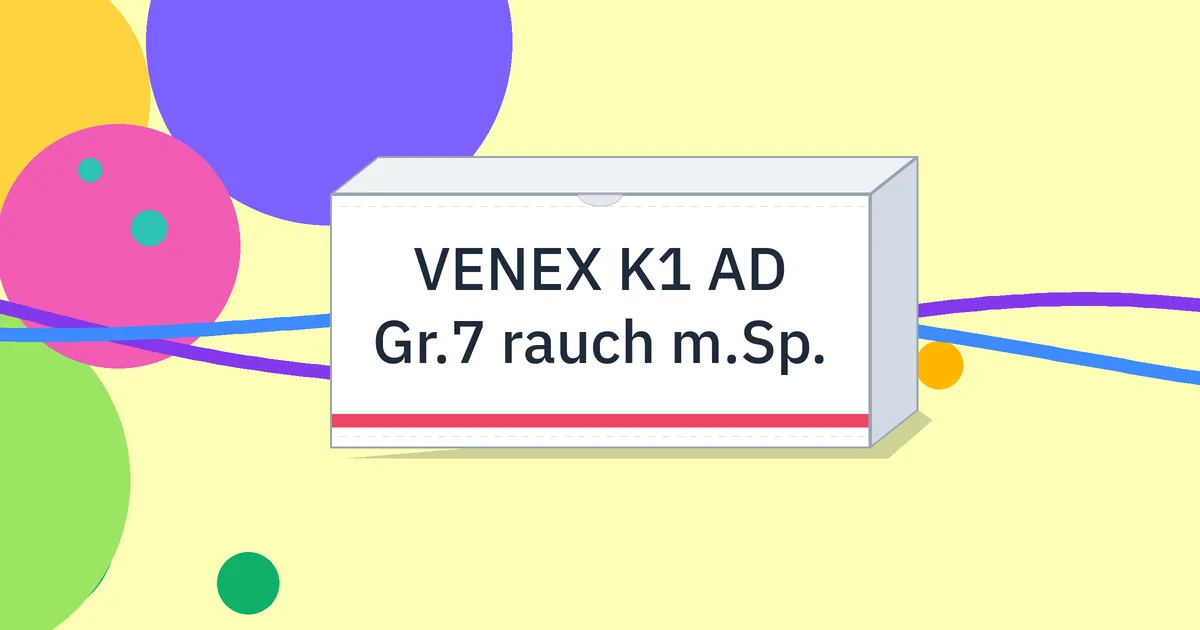 Symbolbild: Packung mit der Aufschrift VENEX K1 AD Gr.7 rauch m.Sp. (PZN 03183691) – Verfügbarkeit und Bezug in Apotheken in Frankfurt am Main