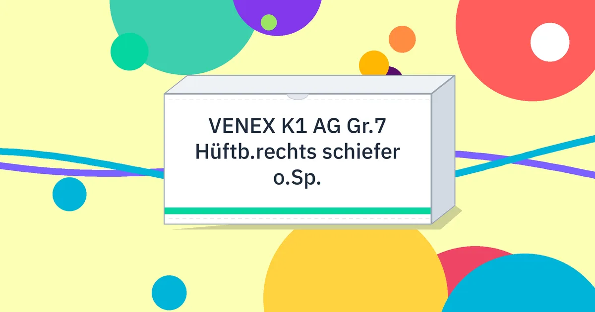 Symbolbild: Packung mit der Aufschrift VENEX K1 AG Gr.7 Hüftb.rechts schiefer o.Sp. (PZN 03208132) – Verfügbarkeit und Bezug in Apotheken in Frankfurt am Main