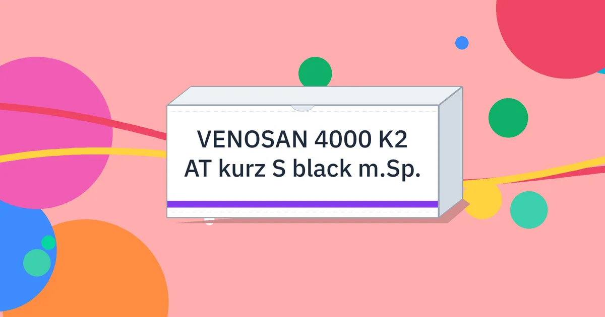 Symbolbild: Packung mit der Aufschrift VENOSAN 4000 K2 AT kurz S black m.Sp. (PZN 14427564) – Verfügbarkeit und Bezug in Apotheken in Frankfurt am Main