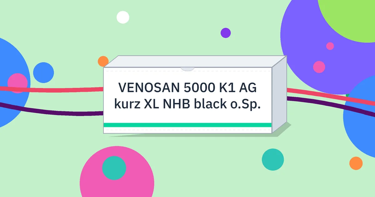 Symbolbild: Packung mit der Aufschrift VENOSAN 5000 K1 AG kurz XL NHB black o.Sp. (PZN 14433033) – Verfügbarkeit und Bezug in Apotheken in Frankfurt am Main
