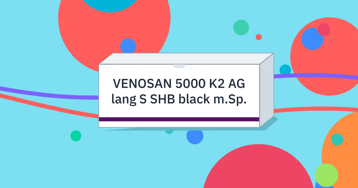 Symbolbild: Packung mit der Aufschrift VENOSAN 5000 K2 AG lang S SHB black m.Sp. (PZN 14433547) – Verfügbarkeit und Bezug in Apotheken in Frankfurt am Main