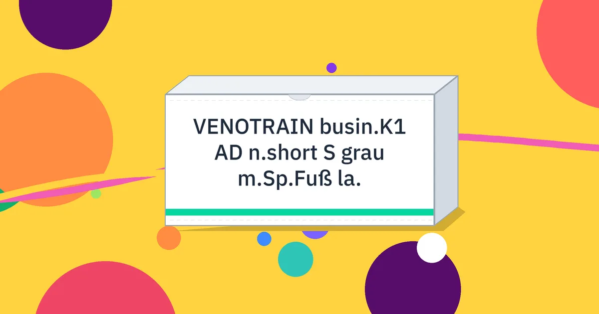 Symbolbild: Packung mit der Aufschrift VENOTRAIN busin.K1 AD n.short S grau m.Sp.Fuß la. (PZN 19056368) – Verfügbarkeit und Bezug in Apotheken in Frankfurt am Main