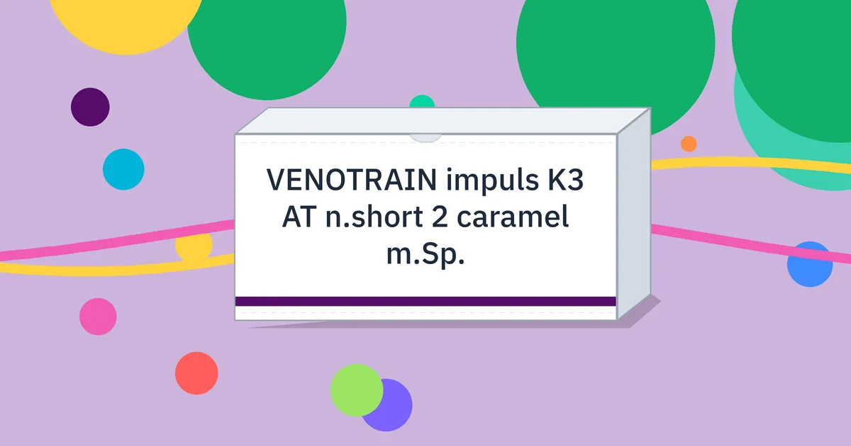 Symbolbild: Packung mit der Aufschrift VENOTRAIN impuls K3 AT n.short 2 caramel m.Sp. (PZN 19354887) – Verfügbarkeit und Bezug in Apotheken in Frankfurt am Main