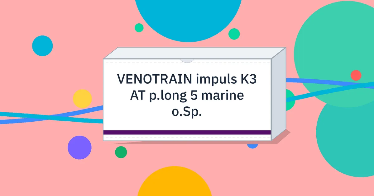 Symbolbild: Packung mit der Aufschrift VENOTRAIN impuls K3 AT p.long 5 marine o.Sp. (PZN 19356047) – Verfügbarkeit und Bezug in Apotheken in Frankfurt am Main