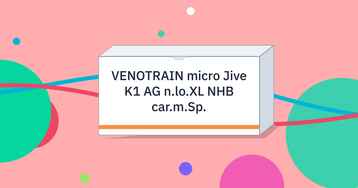 Symbolbild: Packung mit der Aufschrift VENOTRAIN micro Jive K1 AG n.lo.XL NHB car.m.Sp. (PZN 17764173) – Verfügbarkeit und Bezug in Apotheken in Frankfurt am Main